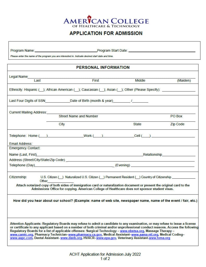 Apply Now | American College of Healthcare and Technology